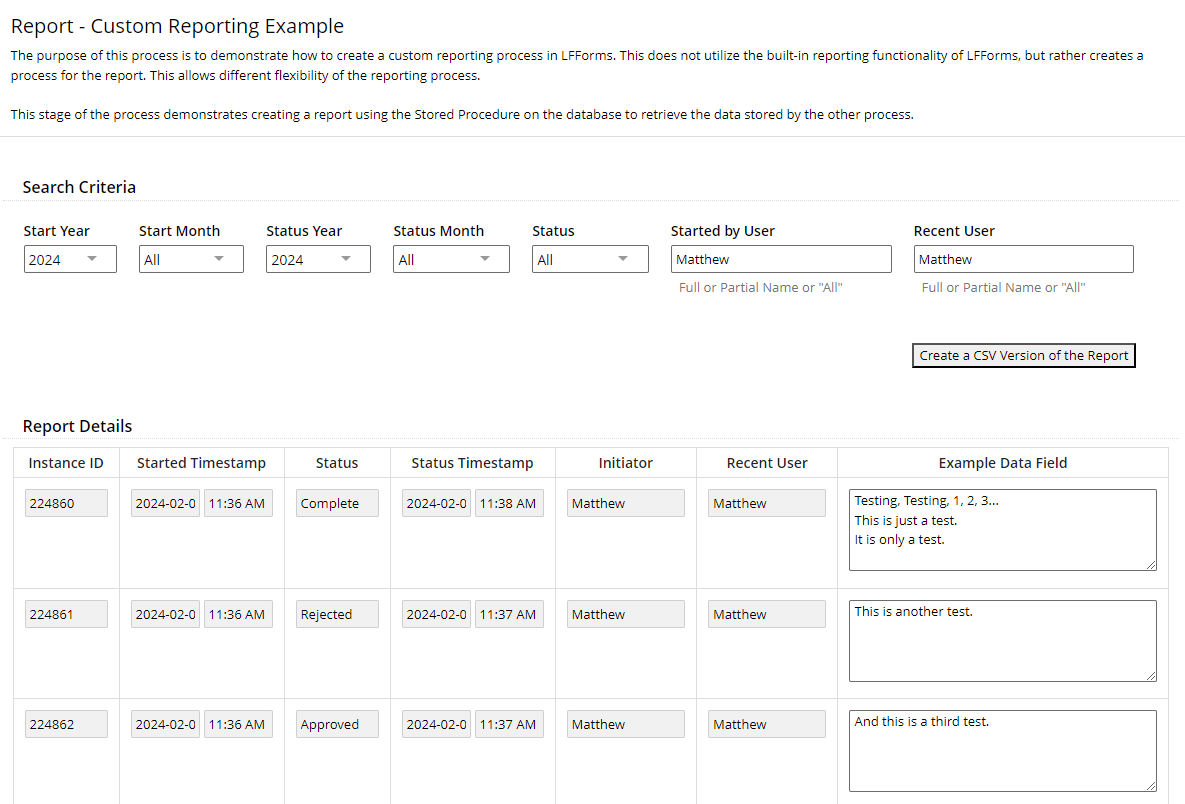 Custom Reporting Example