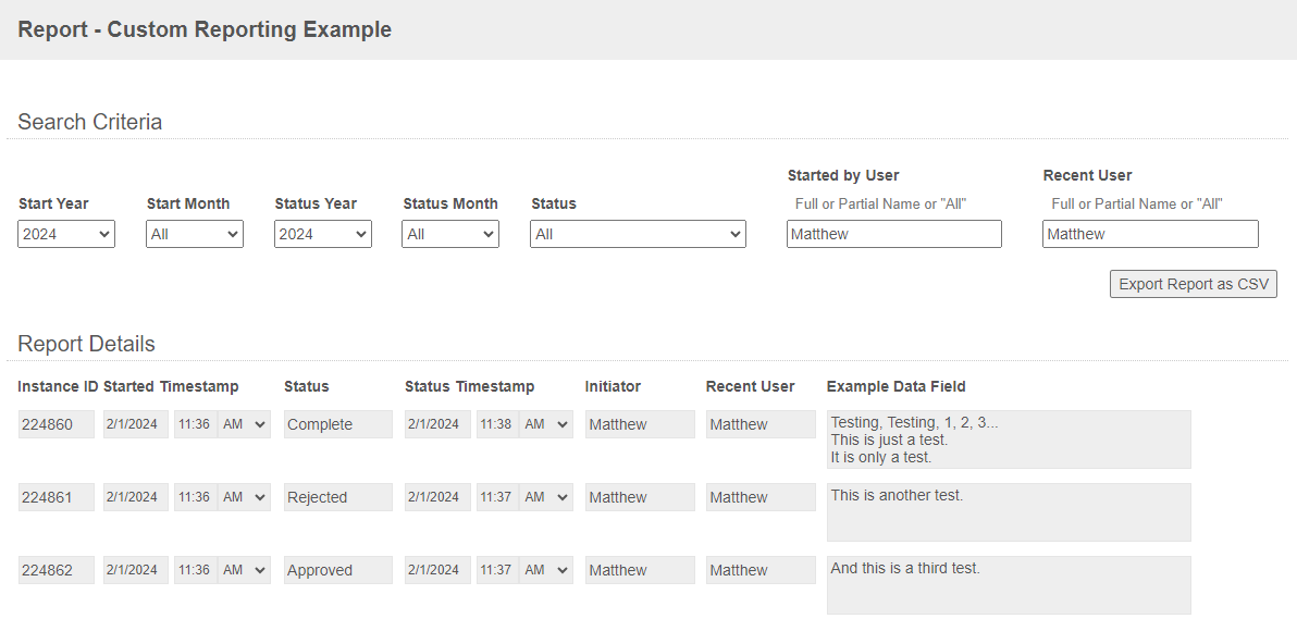 Custom Reporting Example